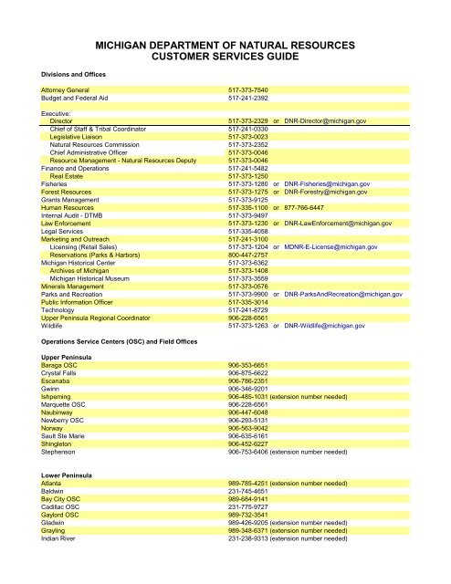 MICHIGAN DEPARTMENT OF NATURAL RESOURCES CUSTOMER SERVICES GUIDE