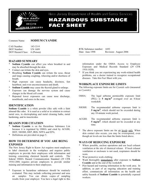 sodium cyanide hazard summary identification - State of New Jersey