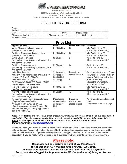 Poultry Order form - Cherry Creek Canadians