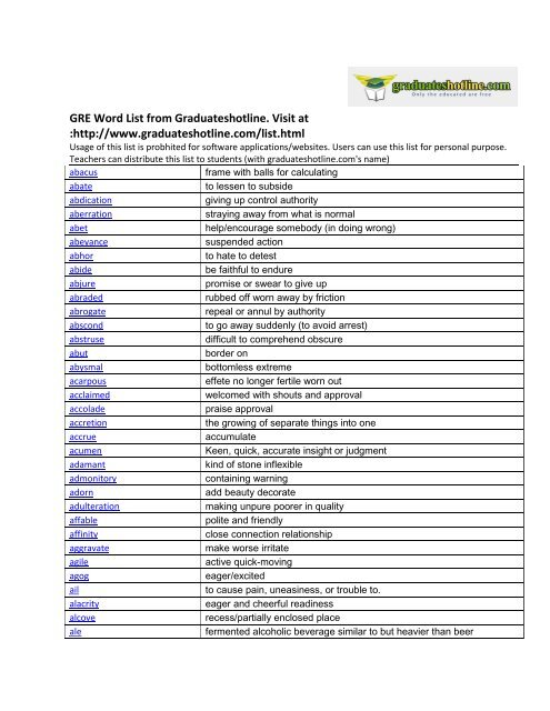 GRE Word List from Graduateshotline. Visit at :http://www ...