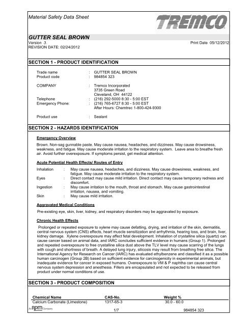 Gutter Seal Brown MSDS - Tremco Sealants