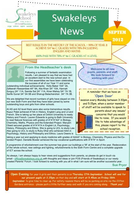 Swakeleys News September 2012 - Swakeleys School