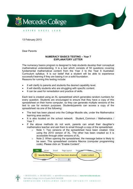 Numeracy Basics Testing Letter - Mercedes College