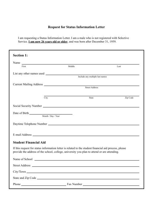 Request for Status Information Letter Section 1: Student Financial Aid