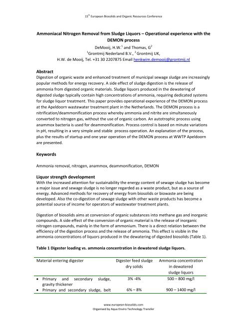 'Operational experience with the DEMON process' by - Grontmij