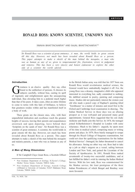 Ronald Ross : Known Scientist, Unknown Man - scienceandculture ...