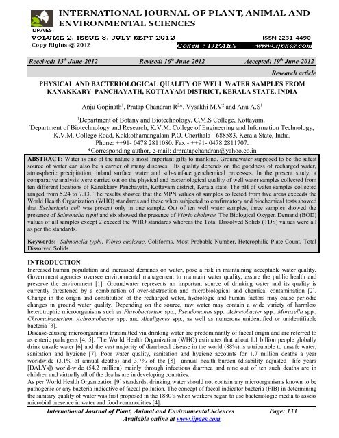 physical and bacteriological quality of well water samples