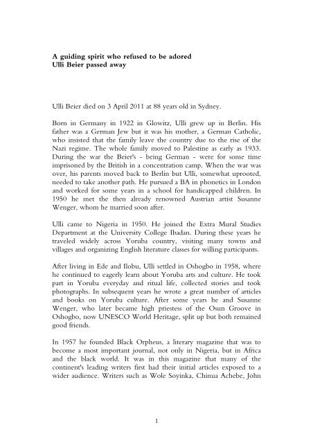 A guiding spirit who refused to be adored Ulli Beier ... - Thorolf Lipp