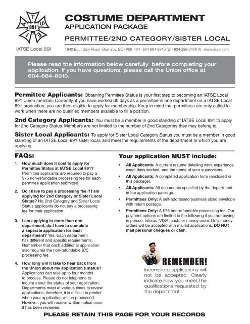 COSTUME DEPARTMENT REMEMBER! - IATSE Local 891