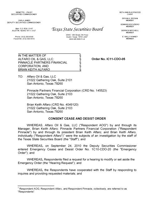 Cease and Desist Order - Texas State Securities Board