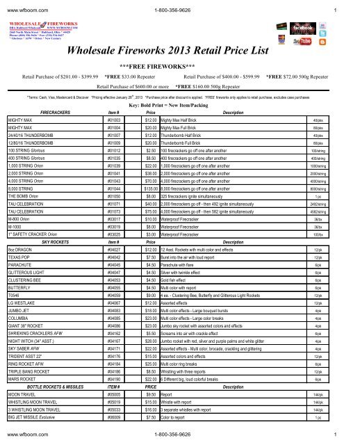 Standard Fireworks Price List