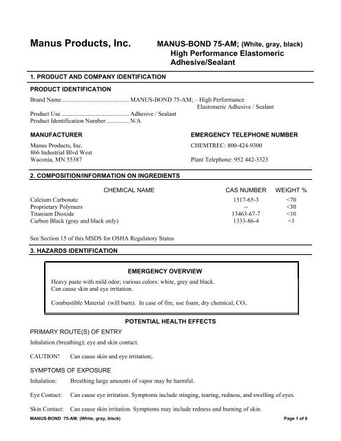 MANUS-BOND 75-AM; (White, Gray, Black) - Manus Products, Inc.