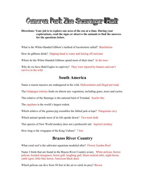 Scavenger Hunt-key - Cameron Park Zoo