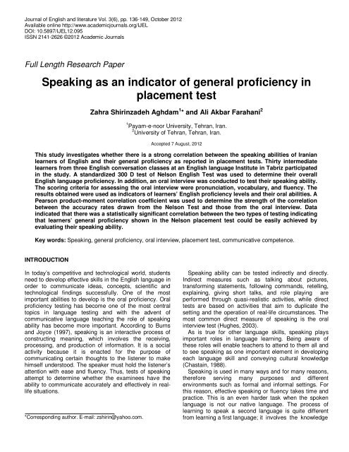 Speaking as an indicator of general proficiency in placement test