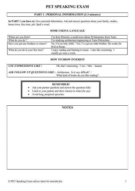 PET Speaking Exam advice sheet for tutorials