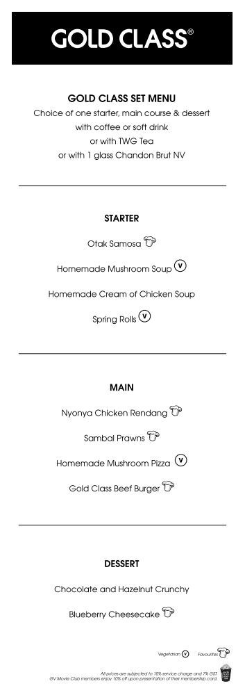 gold class menu - Village Cinemas