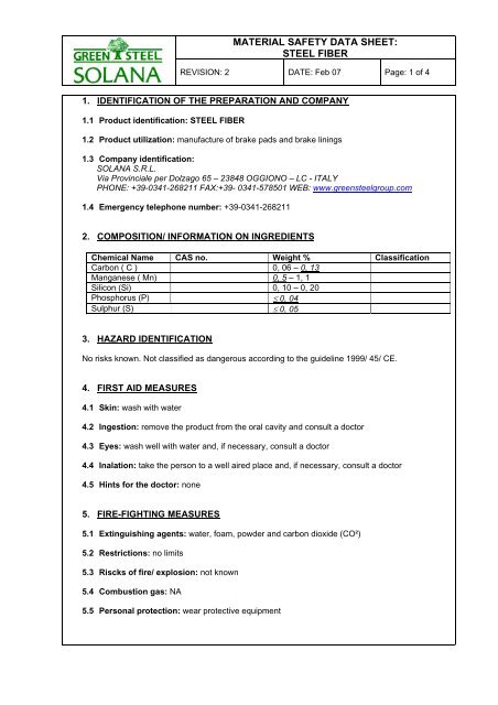 MATERIAL SAFETY DATA SHEET: STEEL FIBER - Green steel group