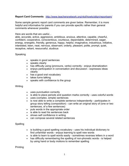 Teacher Network Report Card Comments