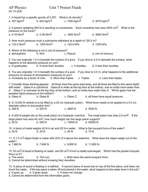 AP Physics Unit 7 Pretest Fluids