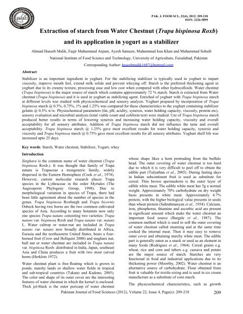 Extraction of starch from Water Chestnut (Trapa bispinosa ... - PSFST