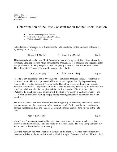 Determination Of The Rate Constant For An Iodine Clock Reaction