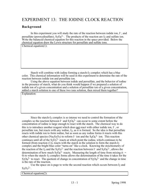 EXPERIMENT 13: THE IODINE CLOCK REACTION