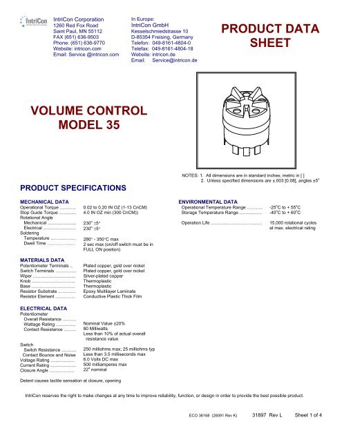 PRODUCT DATA SHEET VOLUME CONTROL MODEL 35 - Intricon