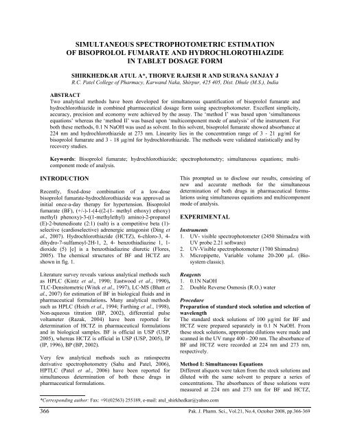 Simultaneous Spectrophotometric Estimation Of Bisoprolol Fumarate