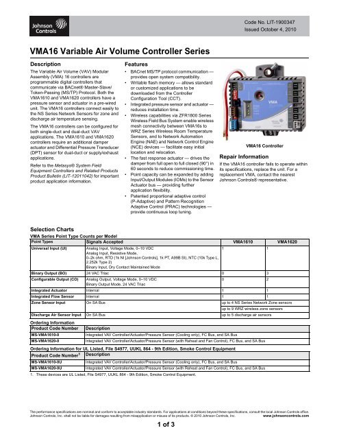 VMA16 Variable Air Volume Controller Series Catalog Page