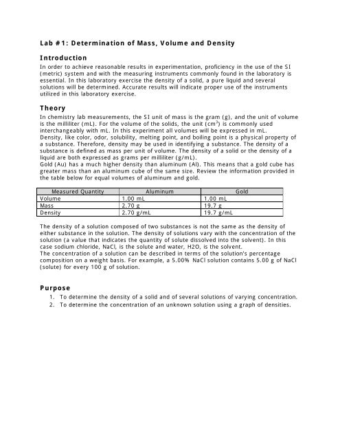 Determination of Mass, Volume and Density - Lethbridge College