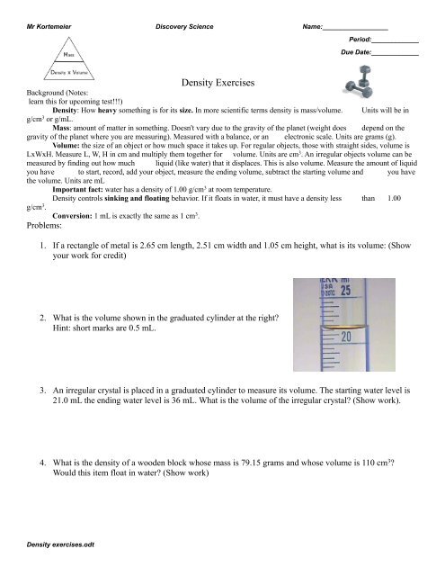 Density Exercises - Mr K's Pages