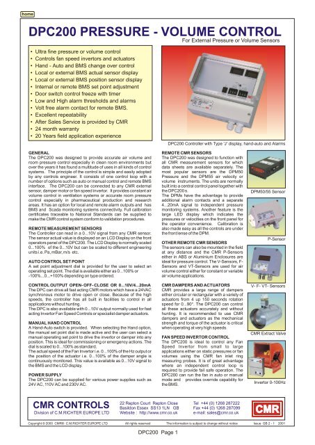 DPC200 PRESSURE - VOLUME CONTROL - CMR CONTROLS