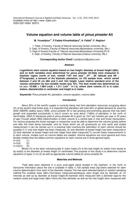 Volume equation and volume table of pinus pinaster Ait - irjabs