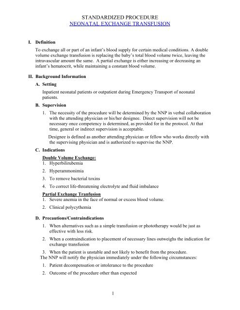 Standardized procedure neonatal exchange transfusion