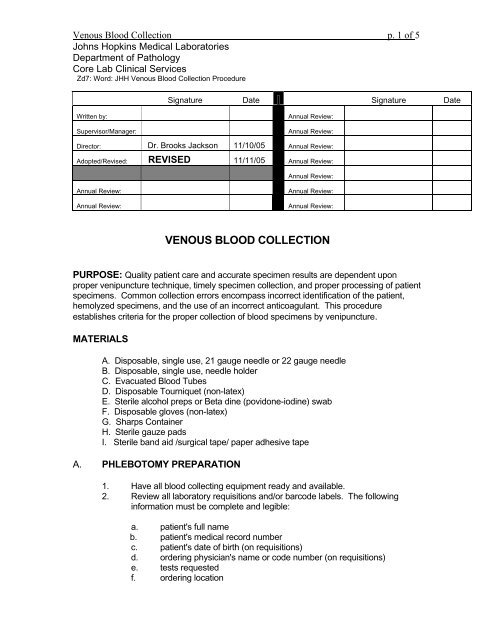 Venous Blood Collection - Johns Hopkins Pathology