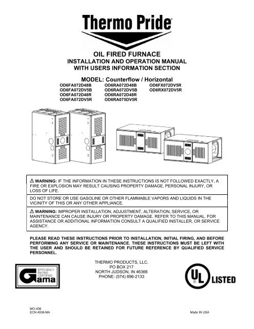 Oil Fired Furnace Installation And Operation Manual - Thermo Pride