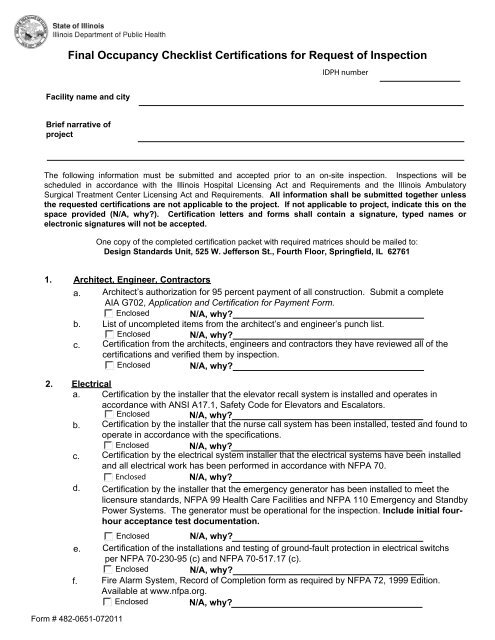 Final Occupancy Checklist Certifications For Request Of - Illinois ...