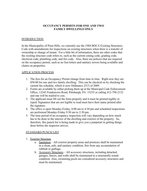 OCCUPANCY PERMITS FOR ONE AND TWO - Penn Hills