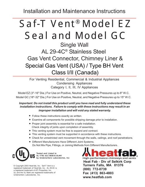 Saf-T Vent® Model EZ Seal and Model GC - Hart and Cooley Inc