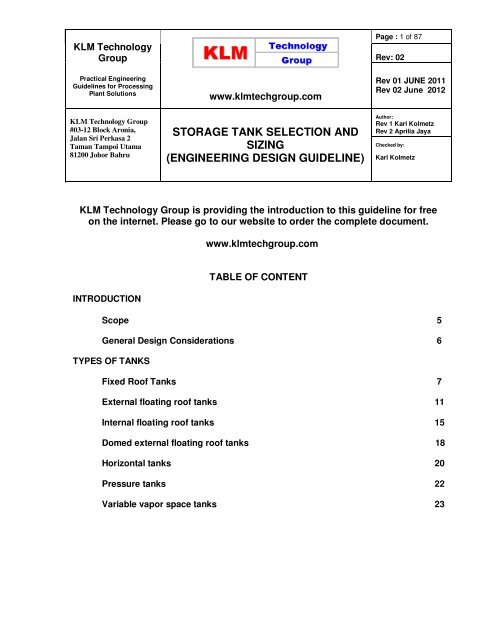 storage tank selection and sizing (engineering design guideline)