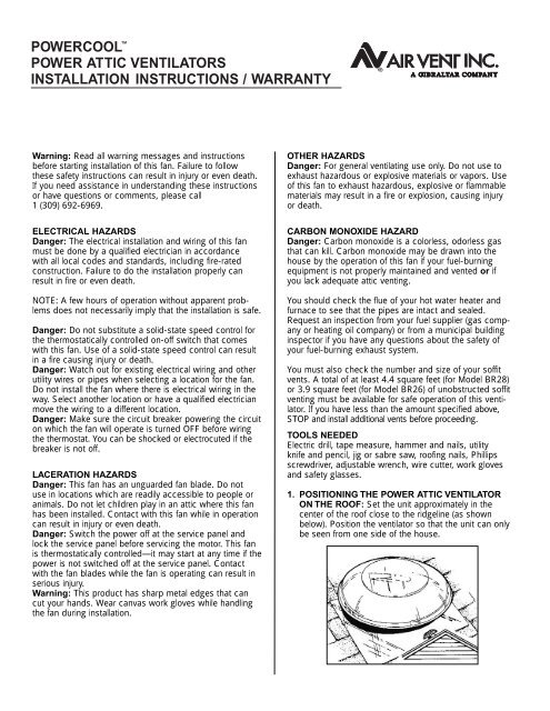 Powercool power attic ventilators installation instructions - Air Vent