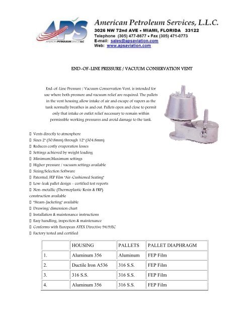 END-OF-LINE PRESSURE / VACUUM CONSERVATION VENT ...