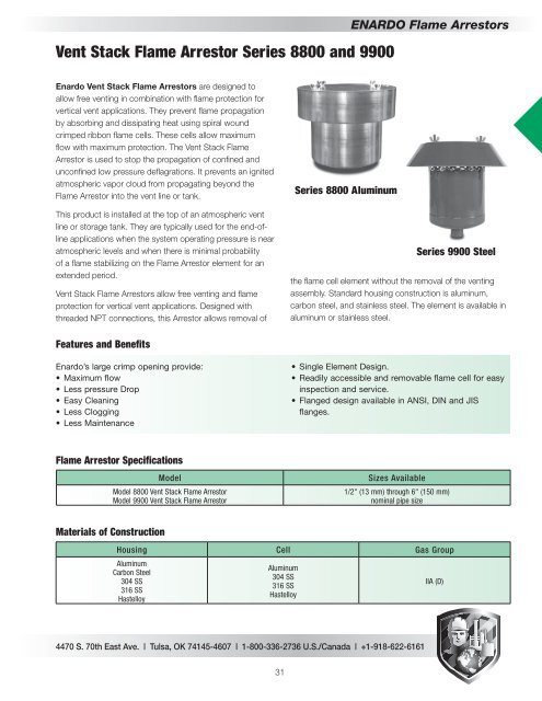 Vent Stack Flame Arrestor Series 8800 and 9900 - Enardo