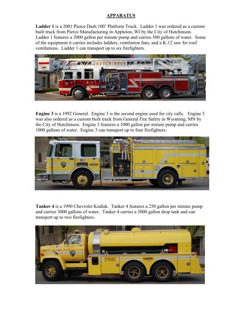 APPARATUS Ladder 1 is a 2001 Pierce Dash ... - City of Hutchinson