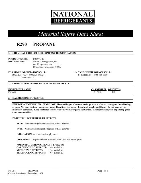 Material Safety Data Sheet R290 PROPANE - National Refrigerants