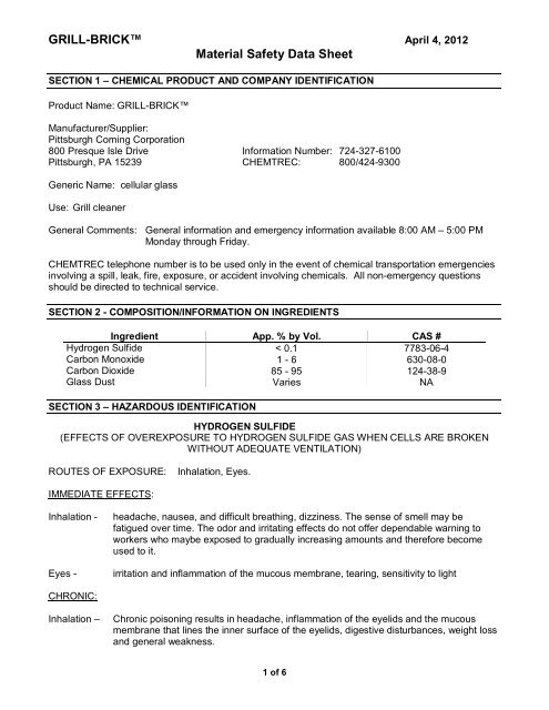 GRILL-BRICK™ Material Safety Data Sheet