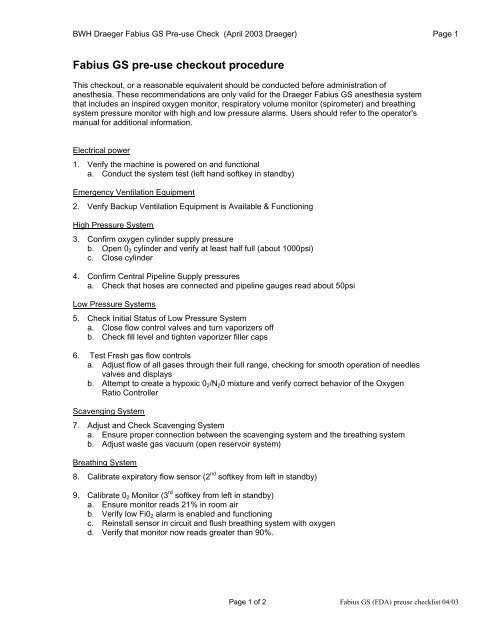 Fabius GS pre-use checkout procedure