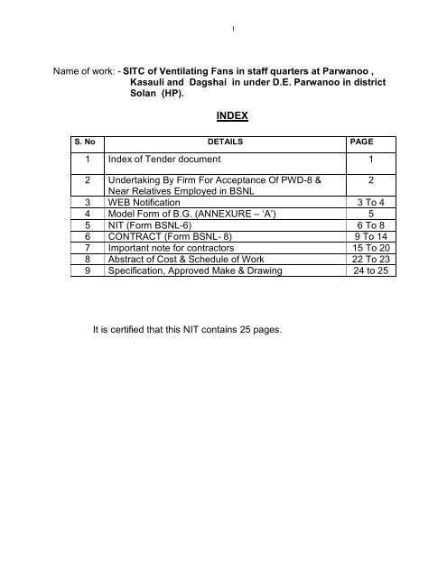 Name of work: - SITC of Ventilating Fans in staff ... - BSNL HP Circle