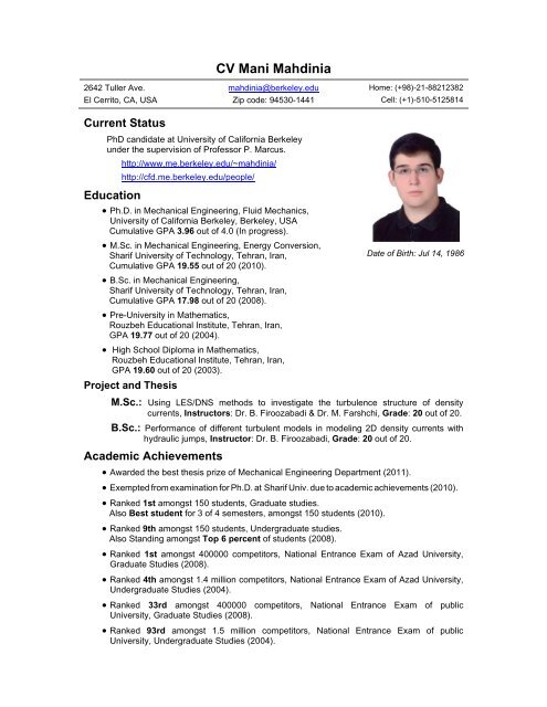 CV Mani Mahdinia - Mechanical Engineering - University of ...
