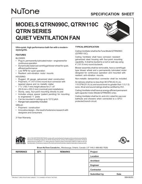 models qtrn090c, qtrn110c qtrn series quiet ventilation fan - Nutone
